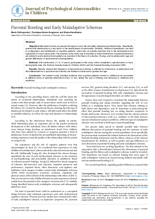 (PDF) Parental Bonding and Early Maladaptive Schemas