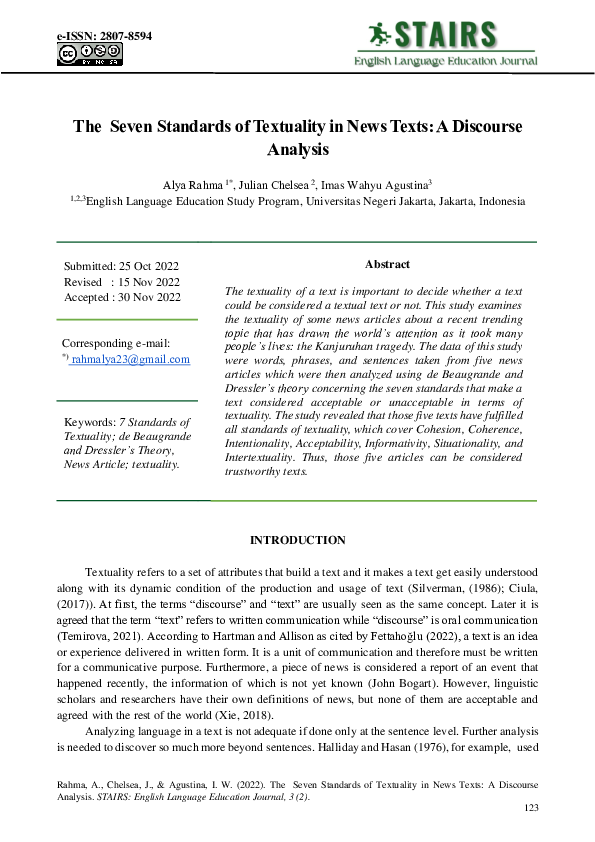 (PDF) The Seven Standards of Textuality in News Texts: A Discourse Analysis