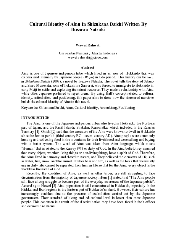(PDF) Cultural Identity of Ainu In Shizukana Daichi Written By Ikezawa ...
