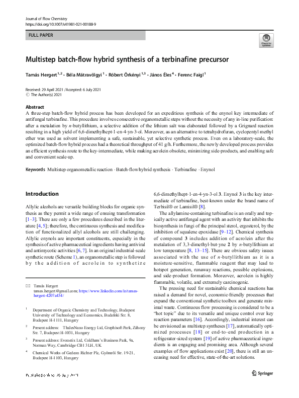 (PDF) Multistep batch-flow hybrid synthesis of a terbinafine precursor | Janos Eles - Academia.edu