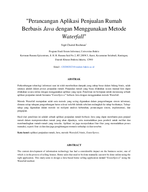 (PDF) Jurnal Perancangan Aplikasi Penjualan Rumah Berbasis Java dengan Menggunakan Metode Waterfall