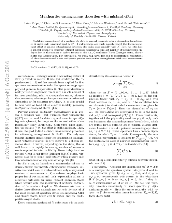(PDF) Multipartite Entanglement Detection with Minimal Effort | nico klein - Academia.edu