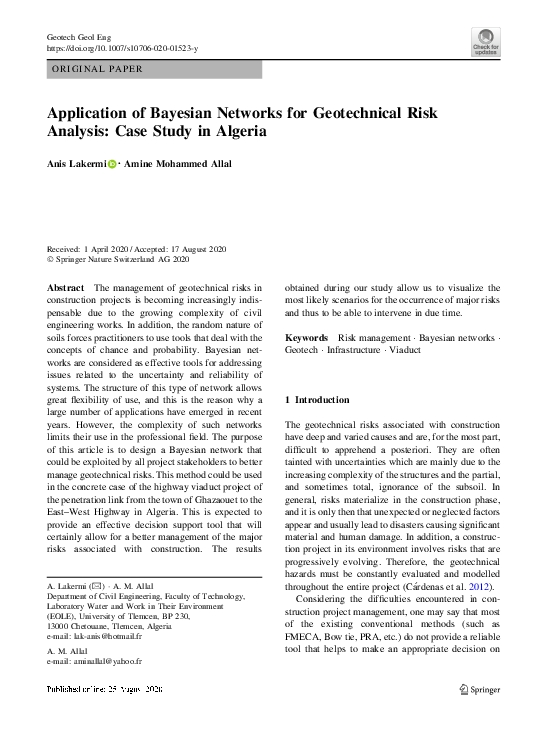(PDF) Application of Bayesian networks for geotechnical risk assessment: case of the Ghazaouet ...