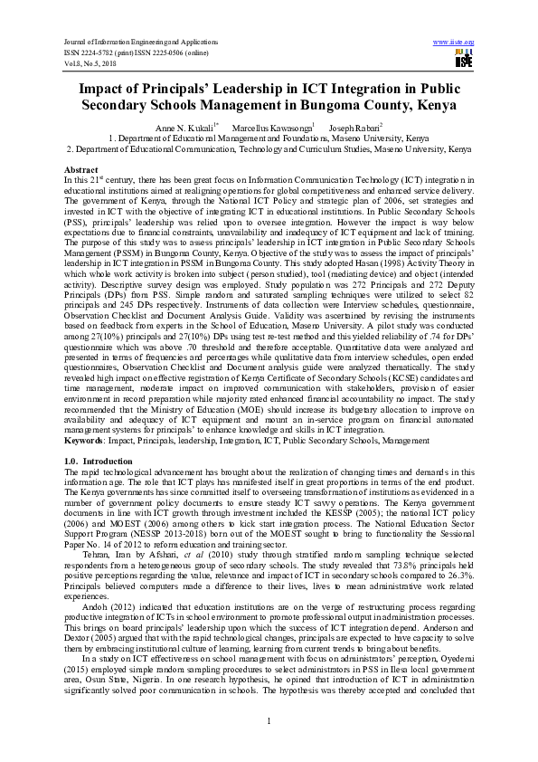 (PDF) Impact of Principals’ Leadership in ICT Integration in Public Secondary Schools Management ...