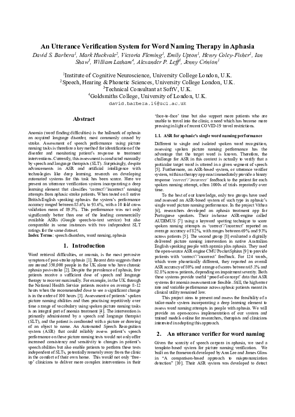 (PDF) An Utterance Verification System for Word Naming Therapy in Aphasia