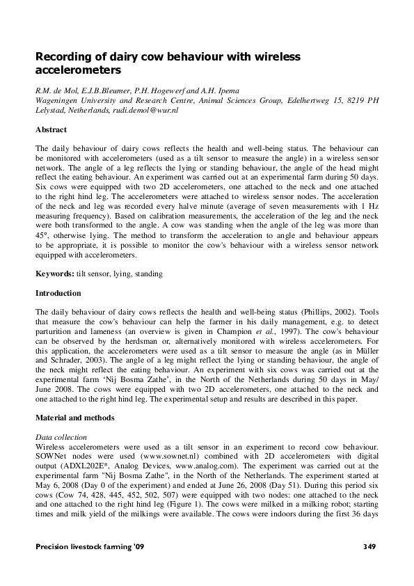 (PDF) Recording of dairy cows behaviour with wireless accelerometers | Bert Ipema - Academia.edu