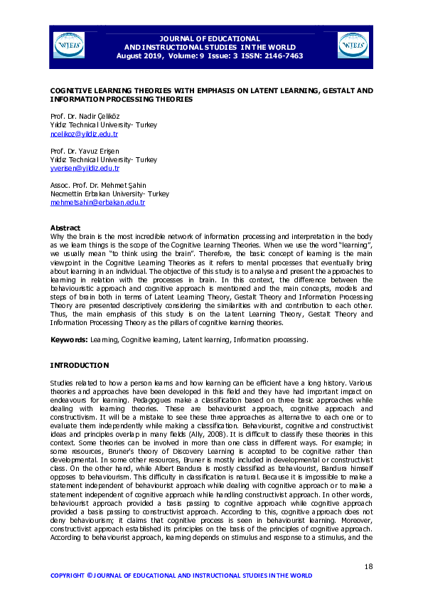 (PDF) Cognitive Learning Theories with Emphasis on Latent Learning ...