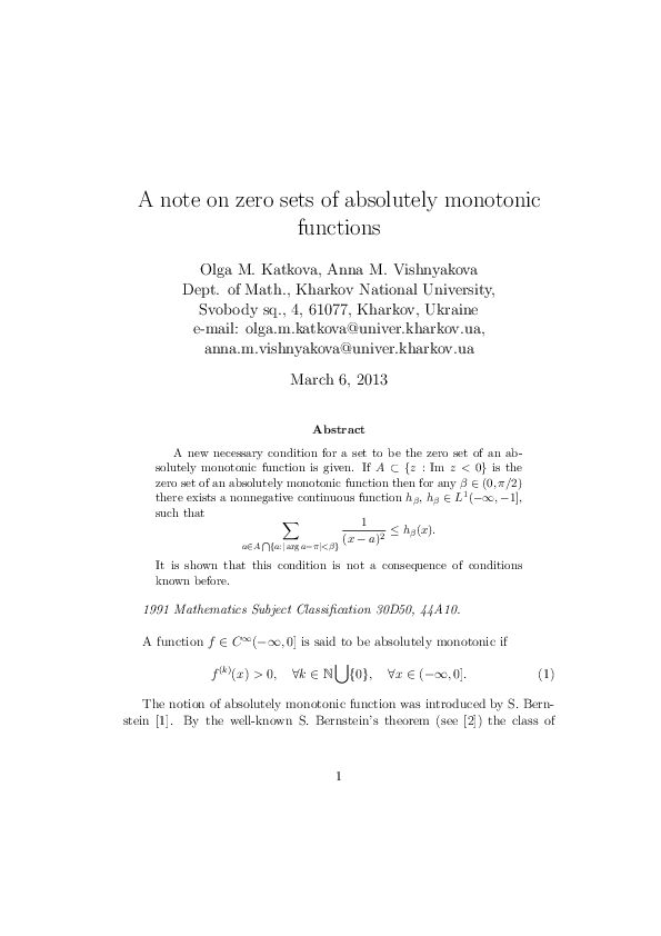 (PDF) A note on zero sets of absolutely monotonic functions