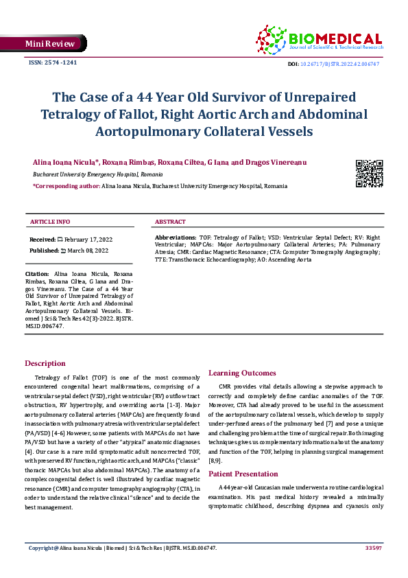 (PDF) The Case of a 44 Year Old Survivor of Unrepaired Tetralogy of Fallot, Right Aortic Arch ...