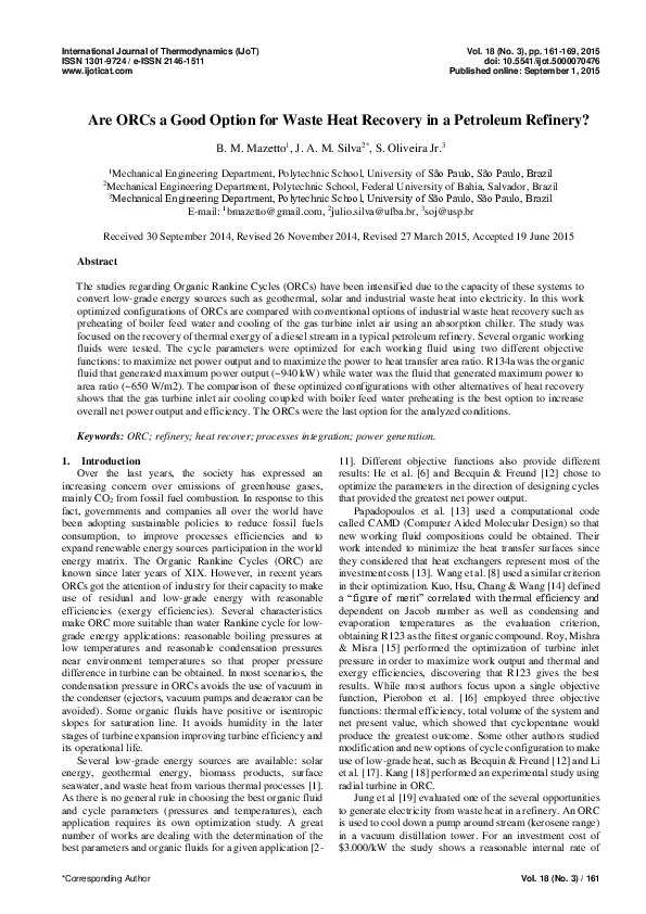 (PDF) Are ORCs a Good Option for Waste Heat Recovery in a Petroleum ...