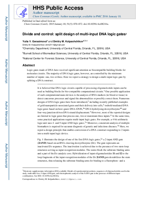 (PDF) Divide and control: split design of multi-input DNA logic gates