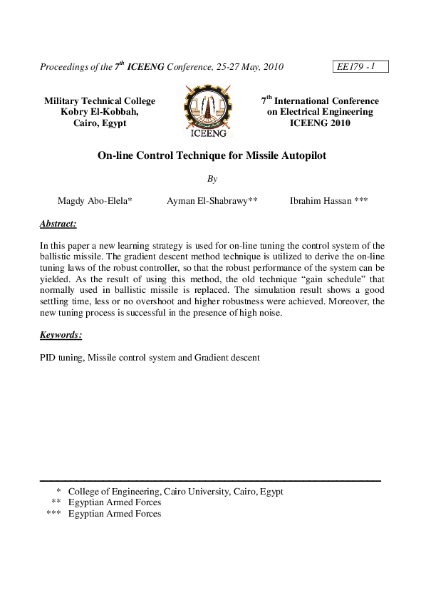 (PDF) On-line Control Technique for Missile Autopilot | Magdy Aboelela - Academia.edu