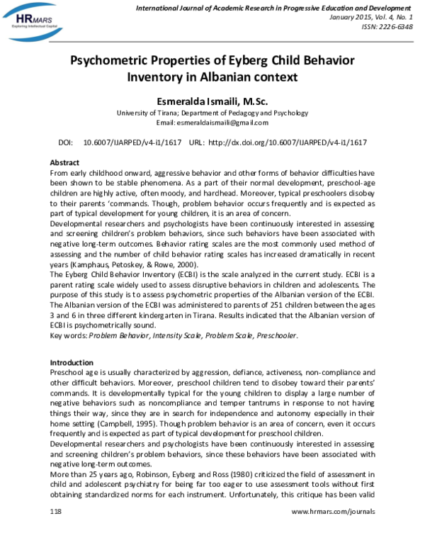 (PDF) Psychometric Properties of Eyberg Child Behavior Inventory in ...