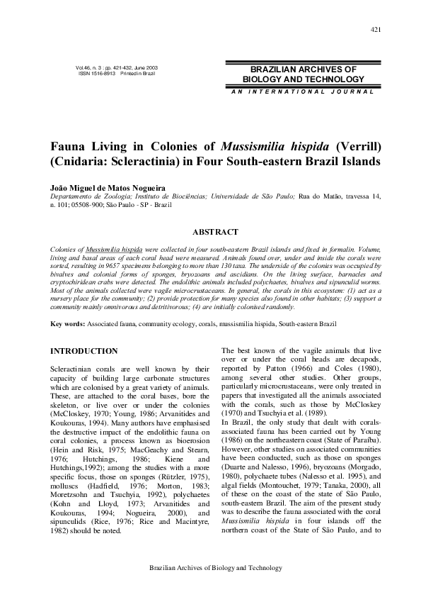 (PDF) Fauna living in colonies of Mussismilia hispida (Verrill ...