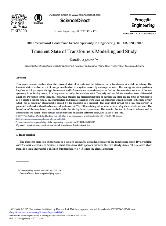 (PDF) Transient State of Transformers Modelling and Study