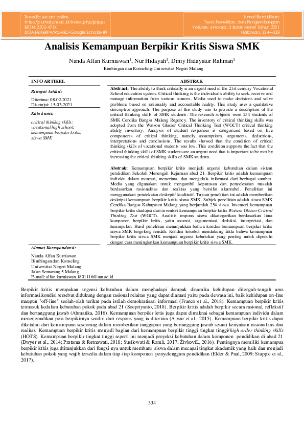 (PDF) Analisis Kemampuan Berpikir Kritis Siswa SMK