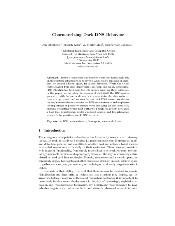 (PDF) Characterizing Dark DNS Behavior | Zhuoqing Mao - Academia.edu