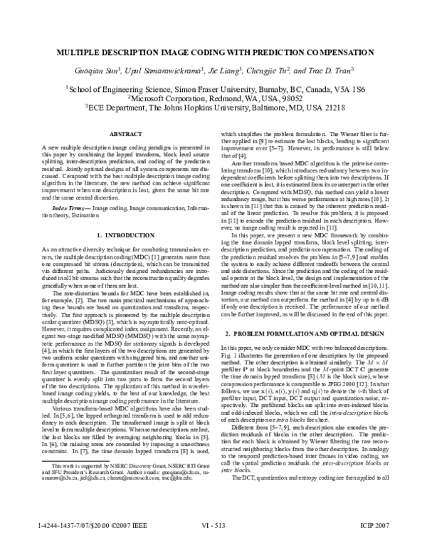 Pdf Multiple Description Image Codingwith Prediction Compensation