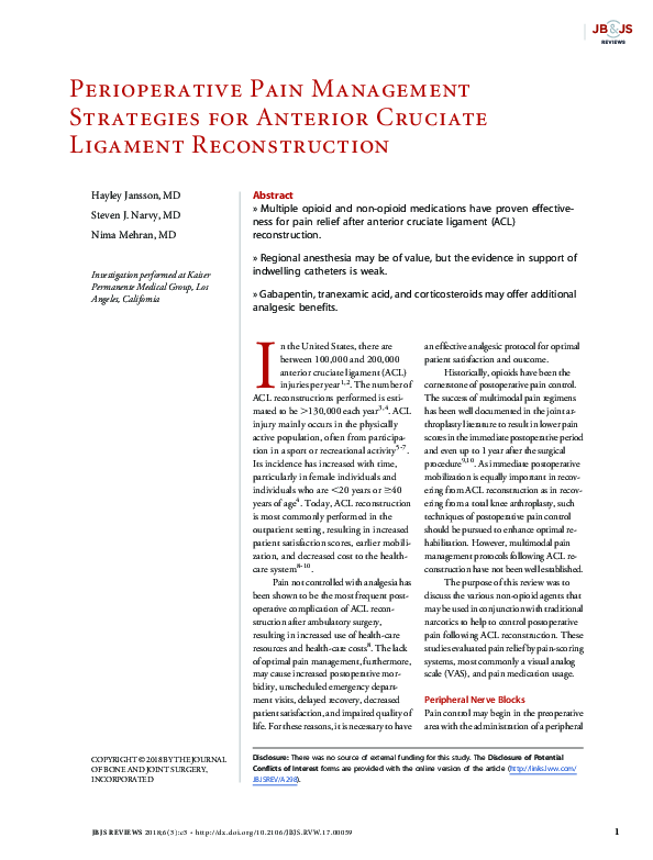 (PDF) Perioperative Pain Management Strategies for Anterior Cruciate ...