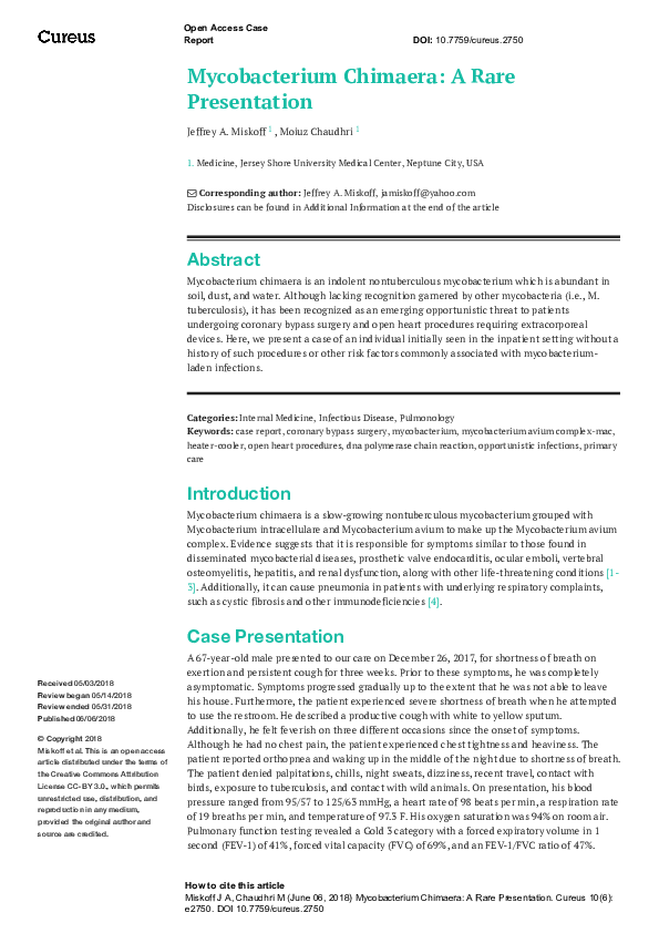 (PDF) Mycobacterium Chimaera: A Rare Presentation | Jeffrey Miskoff - Academia.edu