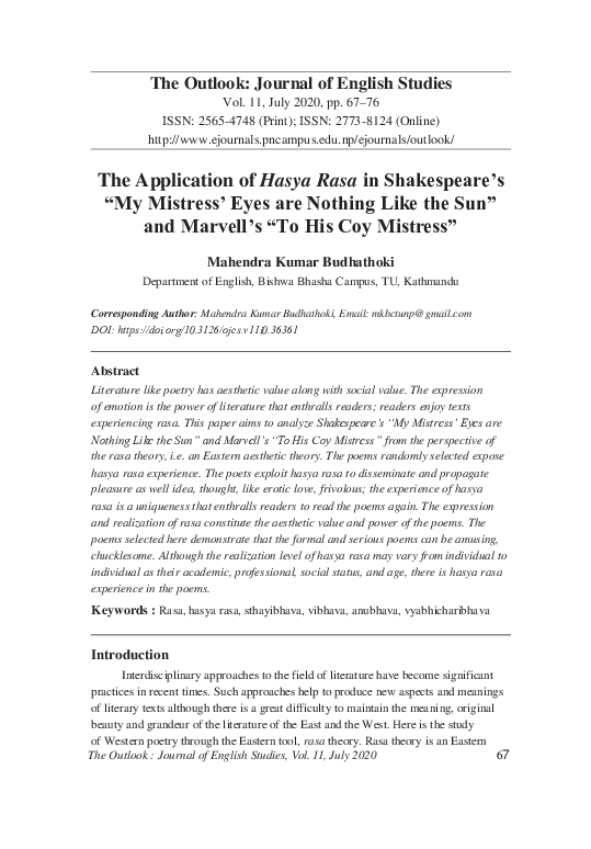 (PDF) The Application of Hasya Rasa in Shakespeare’s “My Mistress’ Eyes ...