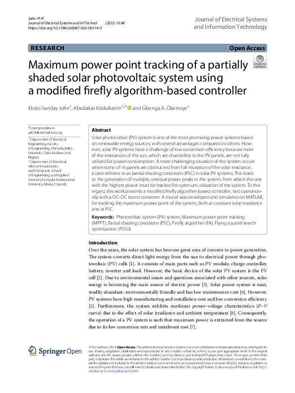 (PDF) Maximum power point tracking of a partially shaded solar photovoltaic system using a ...