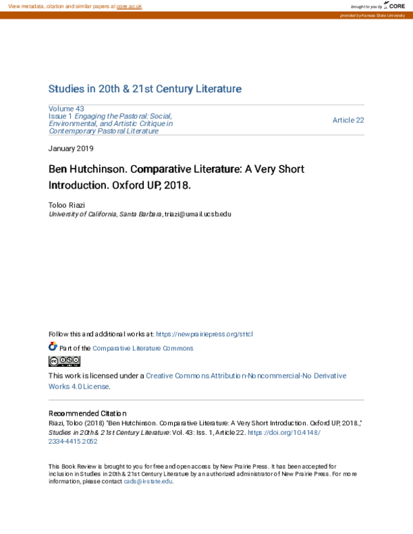 (PDF) Ben Hutchinson. Comparative Literature: A Very Short Introduction ...