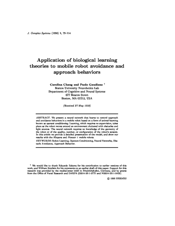 (PDF) Application of Biological Learning Theories to Mobile Robot Avoidance and Approach ...