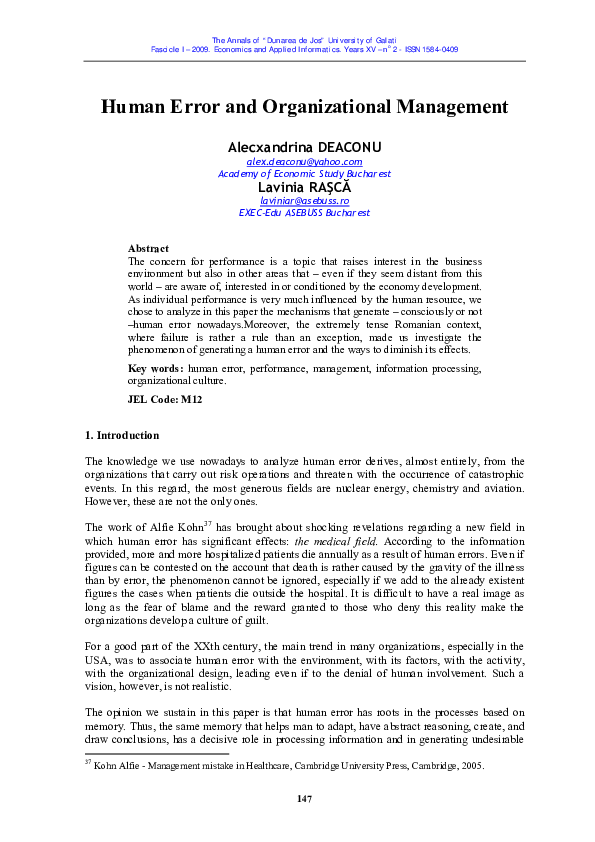 (PDF) Human Error and Organizational Management