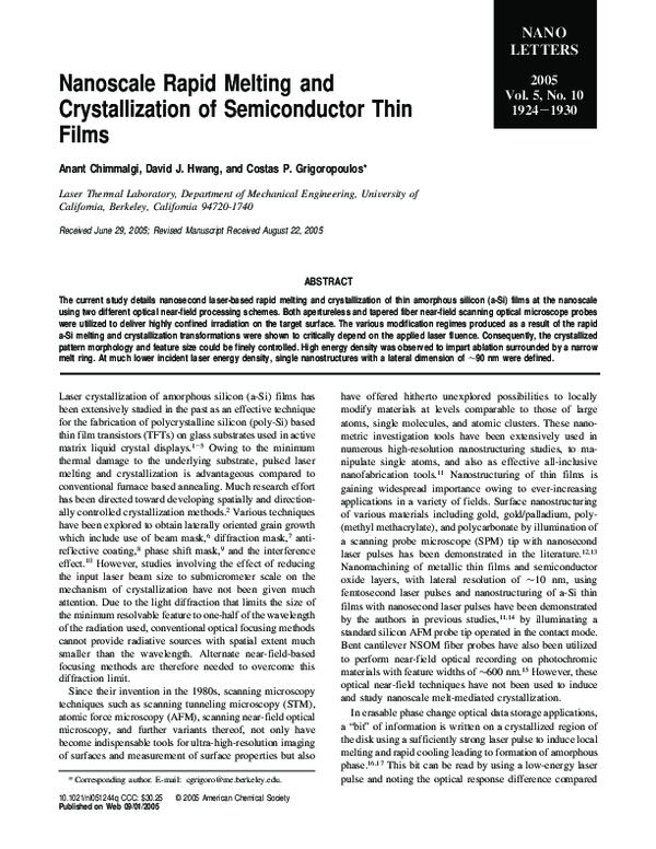 (PDF) Nanoscale Rapid Melting and Crystallization of Amorphous Silicon ...