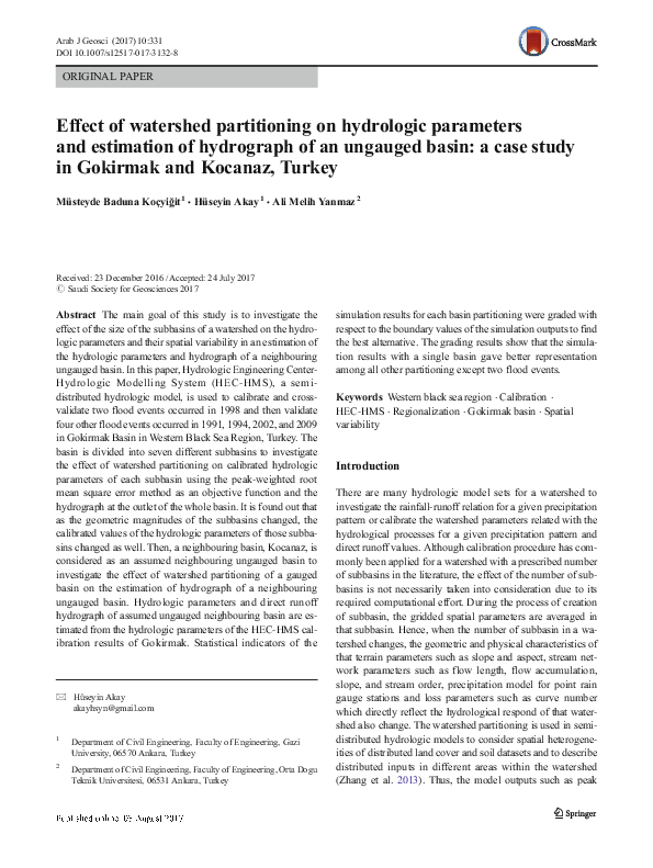 (PDF) Effect of watershed partitioning on hydrologic parameters and estimation of hydrograph of ...