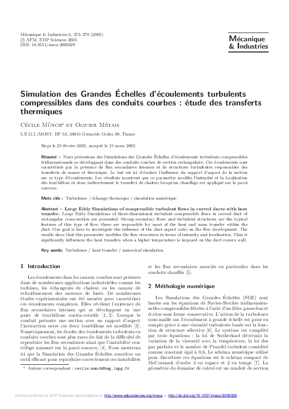 (PDF) Simulation des Grandes Échelles d'écoulements turbulents ...