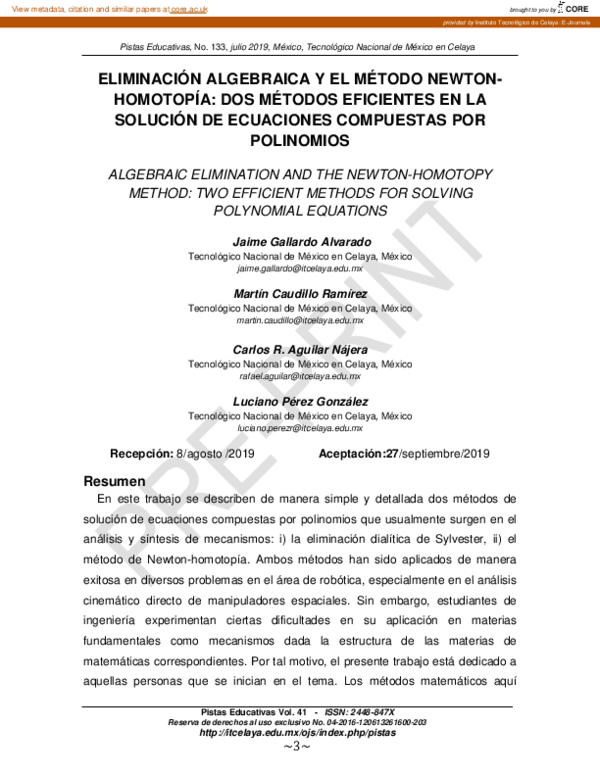 (PDF) Eliminación Algebraica y El Método Newton-Homotopía: Dos Métodos ...