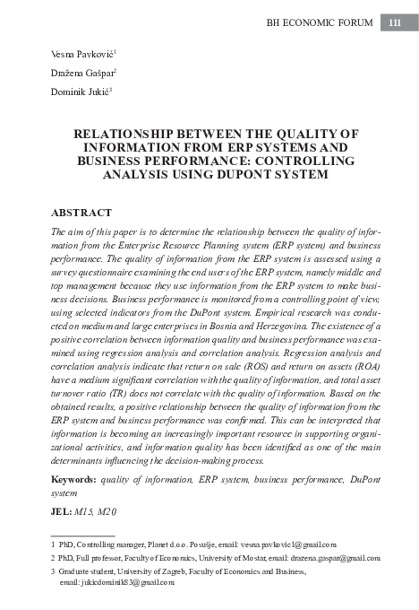 (PDF) Relationship between the quality of information from ERP systems and business performance ...