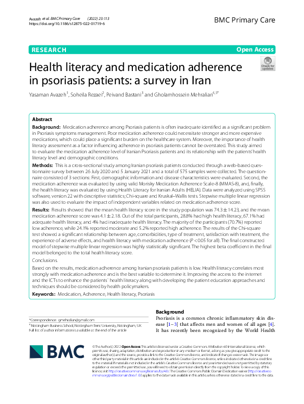 (PDF) Health literacy and medication adherence in psoriasis patients: a ...