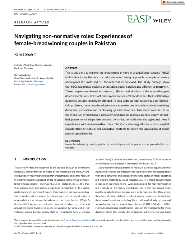 (PDF) Navigating non-normative roles: Experiences of female-breadwinning couples in Pakistan