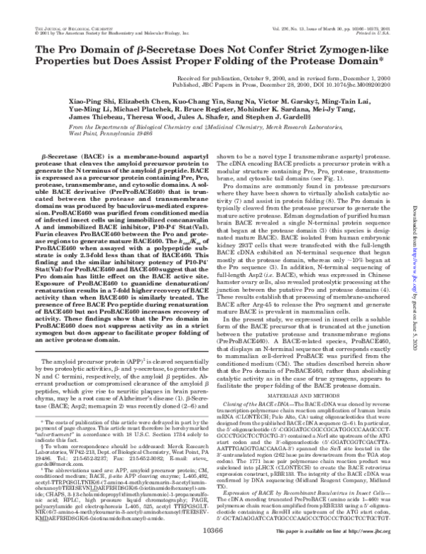 (PDF) The Pro Domain of β-Secretase Does Not Confer Strict Zymogen-like ...