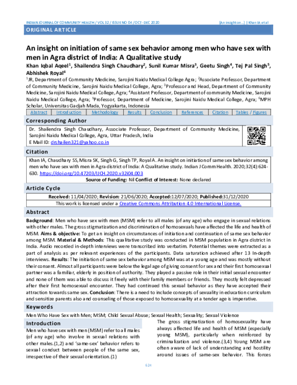 Pdf An Insight On Initiation Of Same Sex Behavior Among Men Who Have Sex With Men In Agra