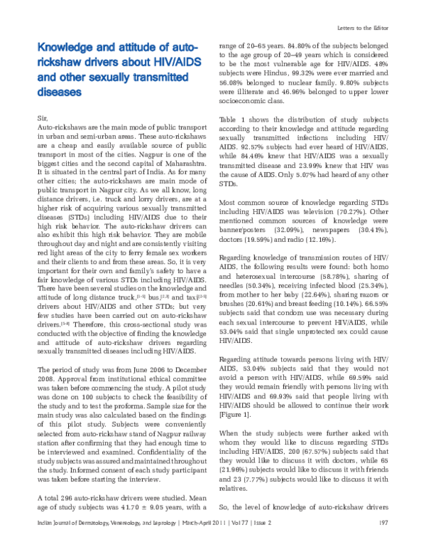 (PDF) Knowledge and attitude of auto-rickshaw drivers about HIV/AIDS and other sexually ...