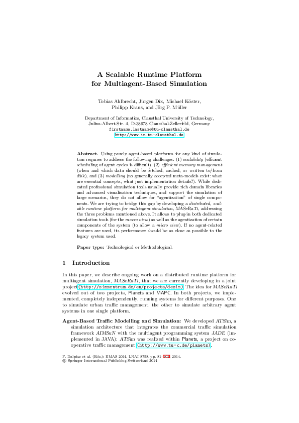(PDF) A Scalable Runtime Platform for Multiagent-Based Simulation | Jürgen Dix - Academia.edu