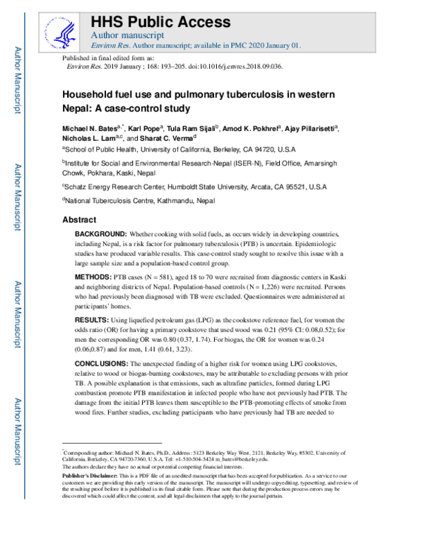 (PDF) Household fuel use and pulmonary tuberculosis in western Nepal: A case-control study ...