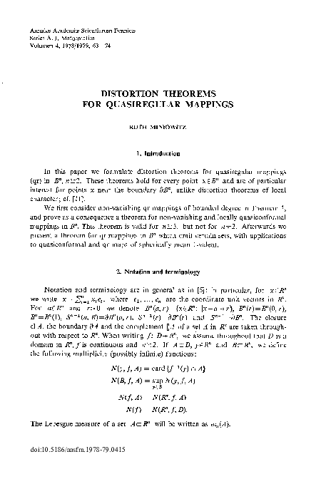 (PDF) Distortion theorems for quasiregular mappings | ruth miniowitz - Academia.edu