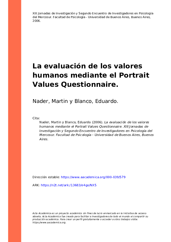(PDF) La Evaluación De Los Valores Humanos Mediante El Portrait Values ...