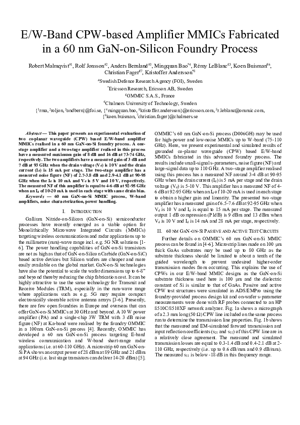 (PDF) E/W-Band CPW-based Amplifier MMICs Fabricated in a 60 nm GaN-on ...