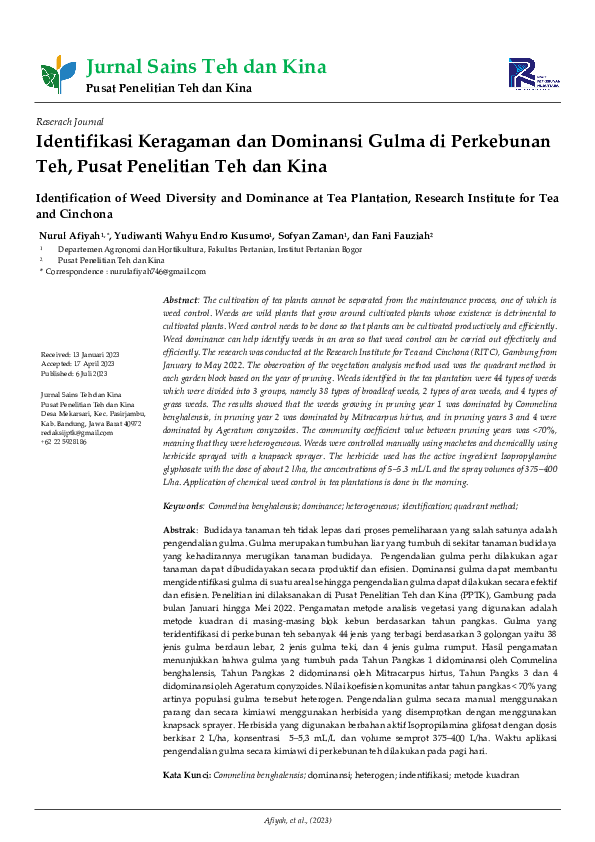 (PDF) Identifikasi Keragaman dan Dominansi Gulma di Perkebunan Teh, Pusat Penelitian Teh dan Kina