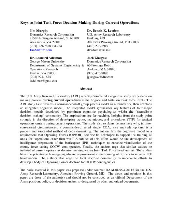 (PDF) Keys to Joint Task Force Decision Making During Current Operations