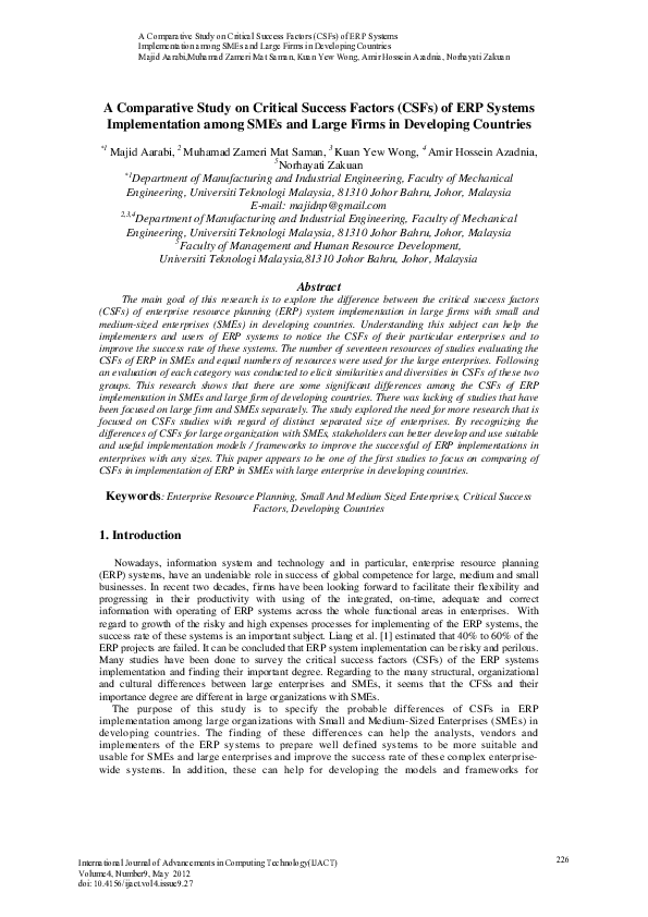 (PDF) A Comparative Study on Critical Success Factors (CSFs) of ERP Systems Implementation among ...