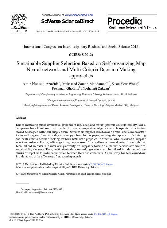 (PDF) Sustainable Supplier Selection based on Self-organizing Map Neural Network and Multi ...