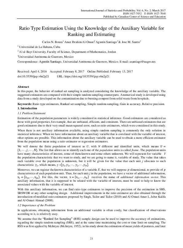 (PDF) Ratio Type Estimation Using the Knowledge of the Auxiliary Variable for Ranking and Estimating