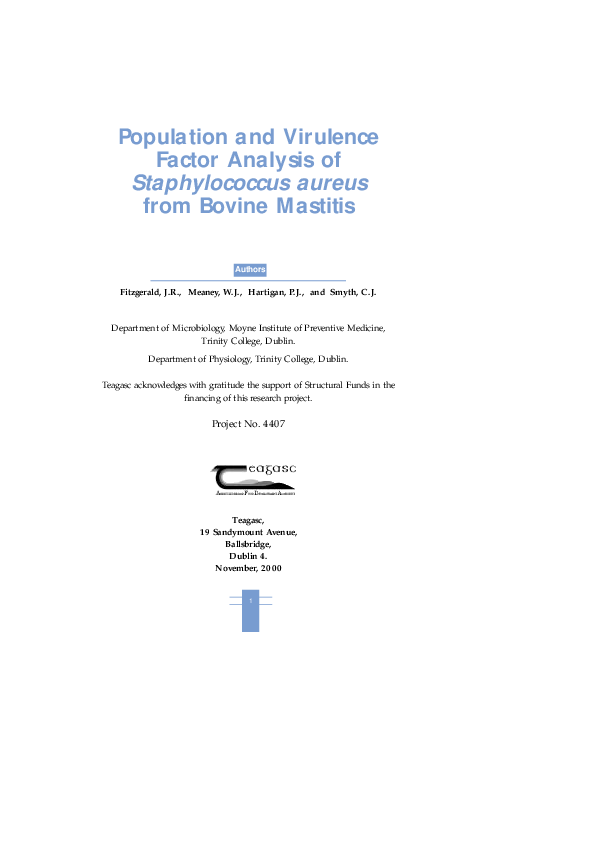 (PDF) Population and Virulence Factor Analysis of Staphylococcus aureus from Bovine Mastitis ...